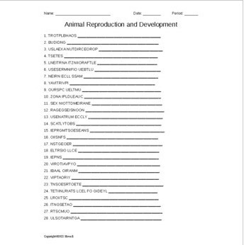 Animal Reproduction and Development Word Scramble for an Introduction ...