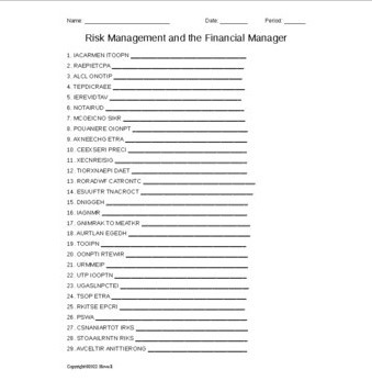 Risk Management and the Financial Manager Word Scramble for a Finance ...