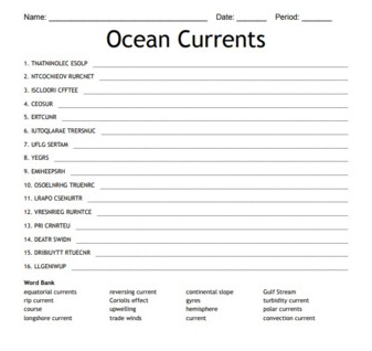 Ocean Currents Vocabulary Word Scramble for Aquatic or Marine Science ...