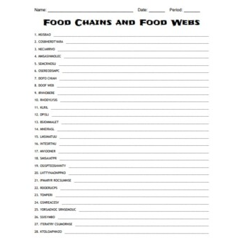 Food Chains and Food Webs Vocab. Word Scramble for Aquatic or Marine ...