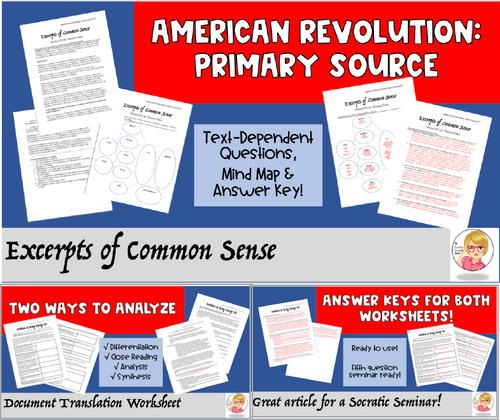 American Revolution Primary Source Analysis: Excerpts of Common Sense ...