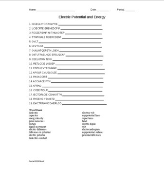 Electric Potential and Energy Word Scramble for Physics - Amped Up Learning