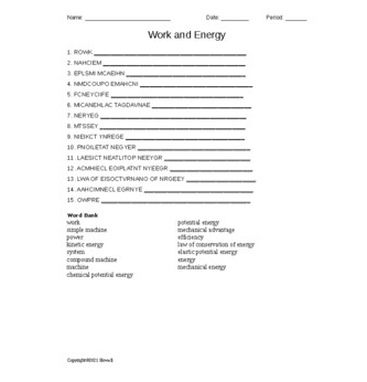 "Work and Energy" Word Scramble for Physical Science - Amped Up Learning