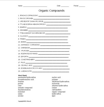 "Organic Compounds" Word Scramble for Physical Science - Amped Up Learning