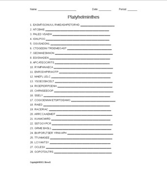 Platyhelminthes Word Scramble for Invertebrate Biology - Amped Up Learning