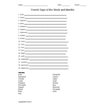 Days of the Week and Names of the Months French Word Scramble - Amped ...