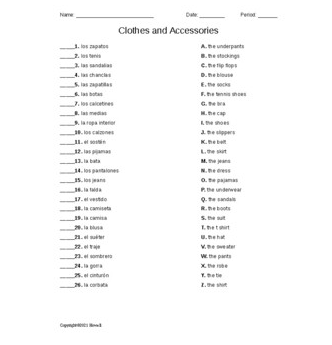 Clothes and Accessories Spanish Matching Quiz or Worksheet - Amped Up ...