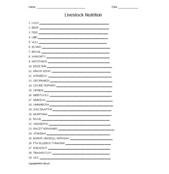 Livestock Nutrition Word Scramble - Amped Up Learning