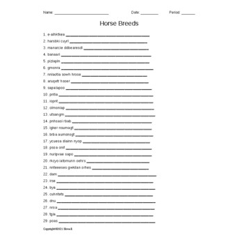Horse Breeds Word Scramble - Amped Up Learning