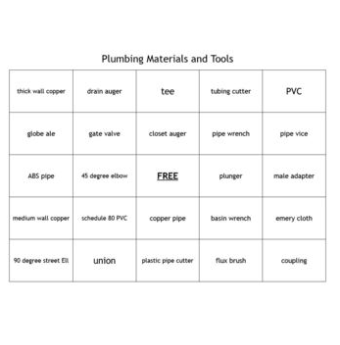 "Plumbing Materials and Tools" Bingo set for an Agriculture ...
