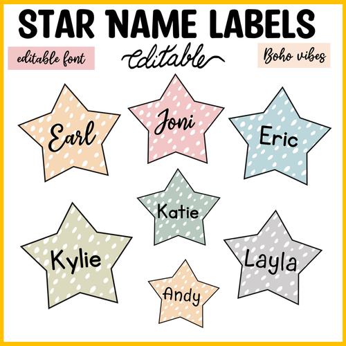 Boho Neutral Spotty Stars Student Name Labels, Name Tents, Name Tags ...