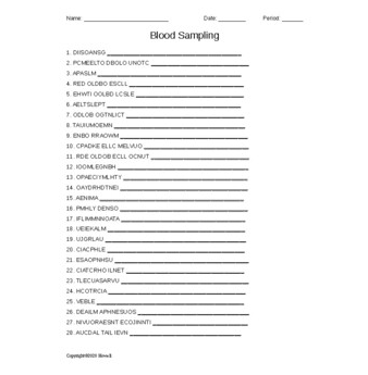Blood Sampling Word Scramble for Vet. Science Students - Amped Up Learning