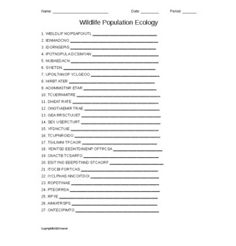 Wildlife Population Ecology Word Scramble - Amped Up Learning