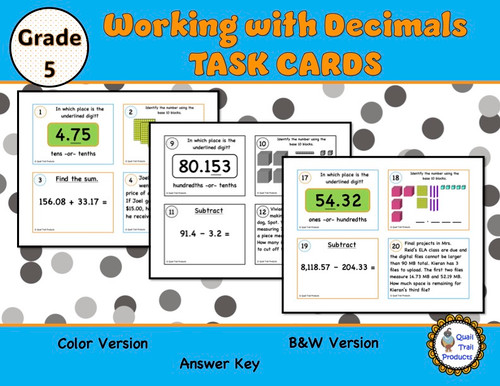 Grade 5 Math Decimals Task Cards