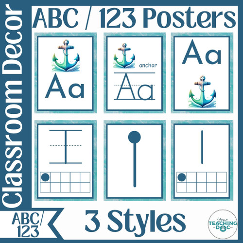 Ocean Themed Bulletin Board Alphabet (ABC) and Number (123) Poster ...
