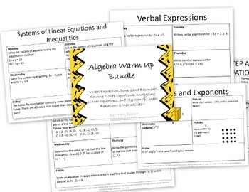 Algebra Warm-up Bundle: Solving two-step equations, Verbal expressions
