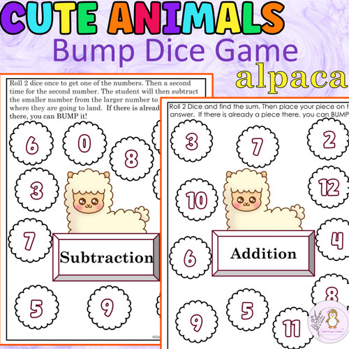 Addition and Subtraction Bump Game Cute Animals-ALPACA Math Dice Game
