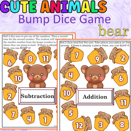 Addition and Subtraction Bump Game Cute Animals-BEAR Math Dice Game