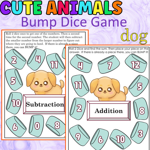 Addition and Subtraction Bump Game Cute Animals-DOG Math Dice Game