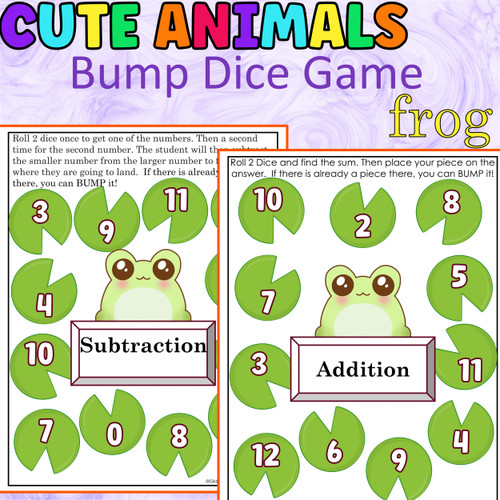 Addition and Subtraction Bump Game Cute Animals-FROG Math Dice Game