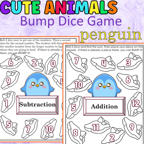 Addition and Subtraction Bump Game Cute Animals-PENGUIN Math Dice Game