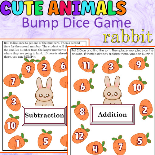 Addition and Subtraction Bump Game Cute Animals-RABBIT Math Dice Game