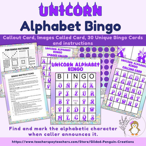 Alphabet Bingo Cards with Purple Unicorn Letters Game - 5x5