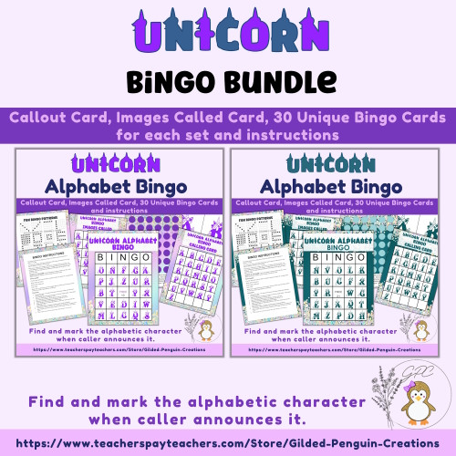 Alphabet Bingo with Unicorn Letters Bundle - 5x5