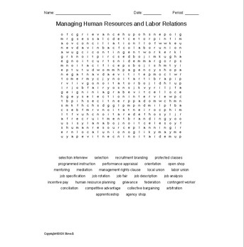 Managing Human Resources and Labor Relations Word Search for a Business ...