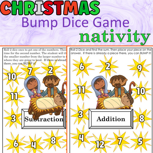 Christmas Addition and Subtraction Bump Math Dice Game Nativity