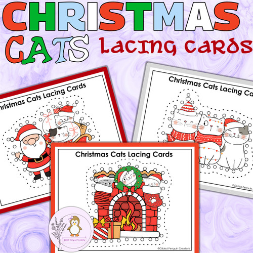 Christmas Cats Lacing Cards Activity for Early Elementary Fine Motor Skills