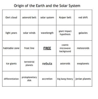 "Origin of the Earth and the Solar System" Bingo set for a Geology ...