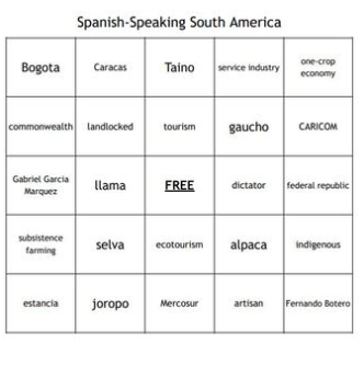 "Spanish-Speaking South America" Bingo set for a Middle School ...