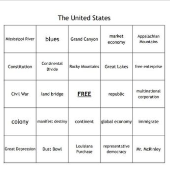 "The United States" Bingo set for a Middle School Geography Course ...