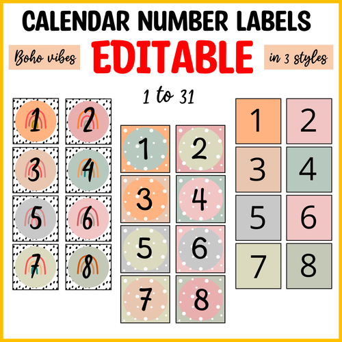 Printable Boho Rainbow Calendar Number Labels, Calendar Number Tags ...