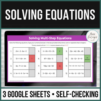 Solving One, Two, and Multi Step Equations Self Checking for Google Sheets