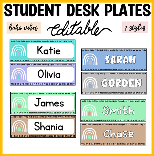 Rainbow Student Desk Plates, Rainbow Name Posters, Editable Classroom ...