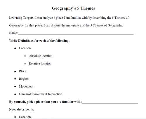 5 Themes of Geography Worksheet - Amped Up Learning
