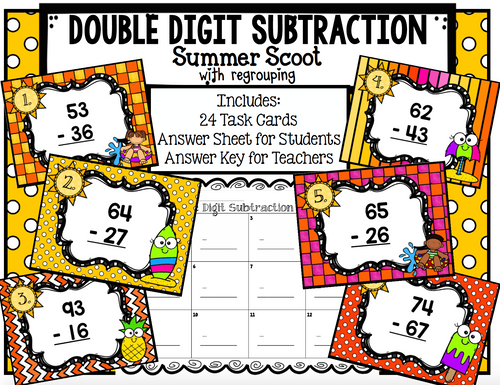 Double Digit Subtraction Task Cards Summer - Amped Up Learning