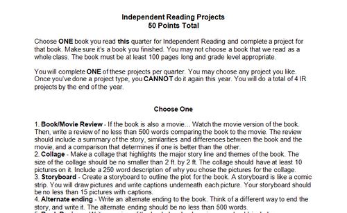 Independent Reading Project - Amped Up Learning