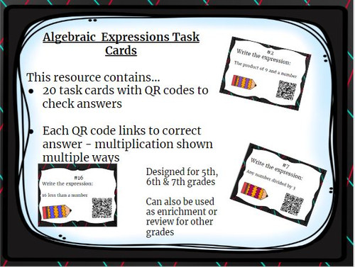20 Algebraic Expressions Task Cards With QR Codes- Write the Expression