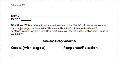 Fahrenheit 451- Double Entry Journal - Amped Up Learning