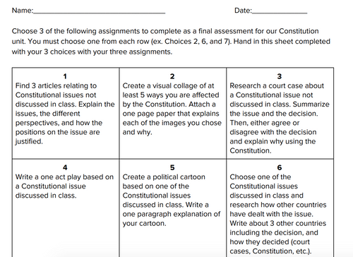 Constitution Choiceboard - Amped Up Learning