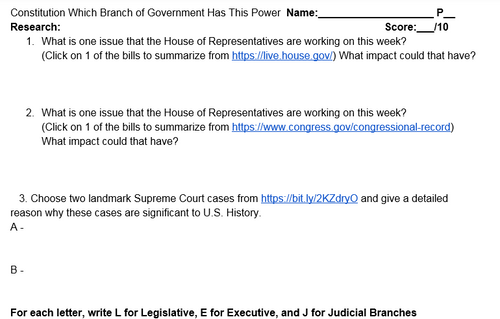 Constitution Branches of Government Power and Current Senate and House ...