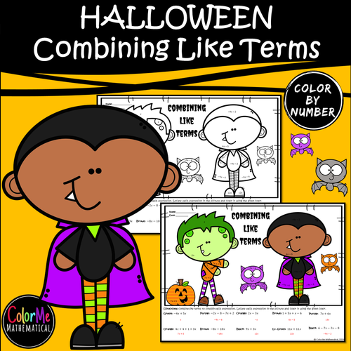 Halloween Basic Algebra - Combining Like Terms Worksheet - Color by ...