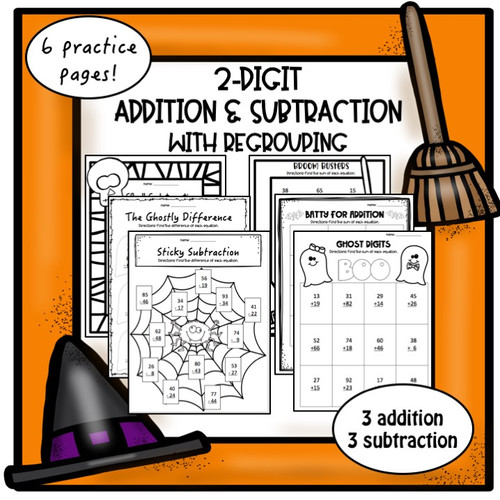 Halloween 2-digit Addition & Subtraction Pages (WITH regrouping)