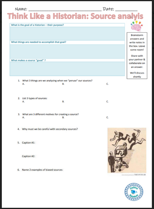 Think Like a Historian - Source Analysis Graphic Organizer for lesson ...