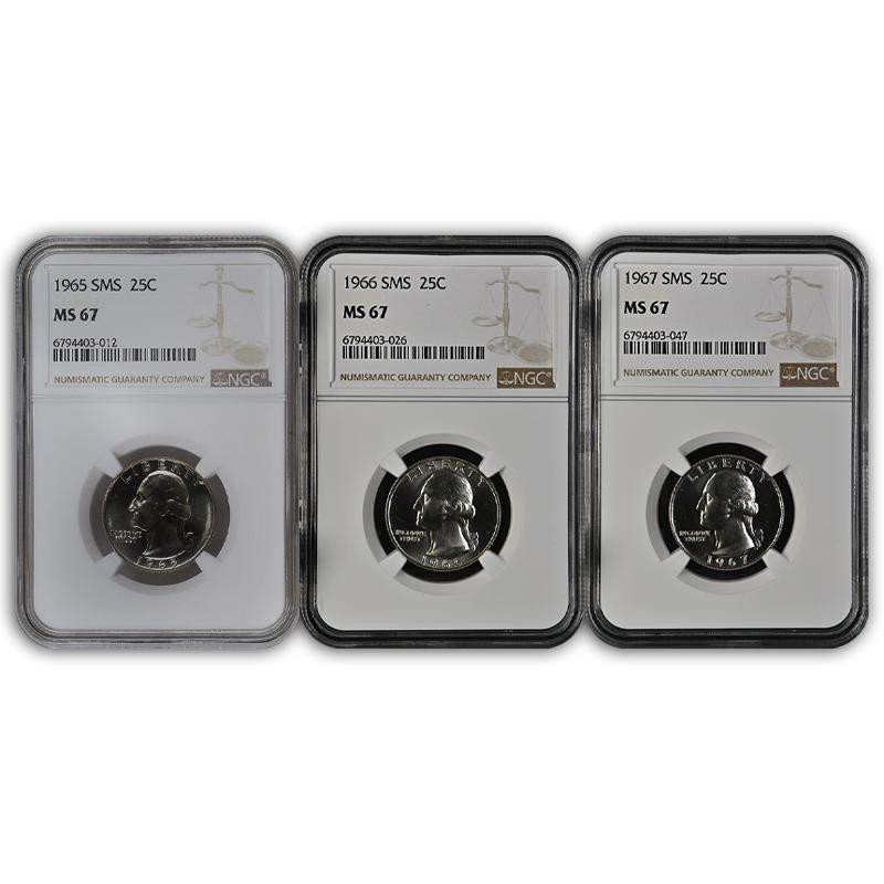 1965-1967 SMS Quarter NGC MS67 3pc Set