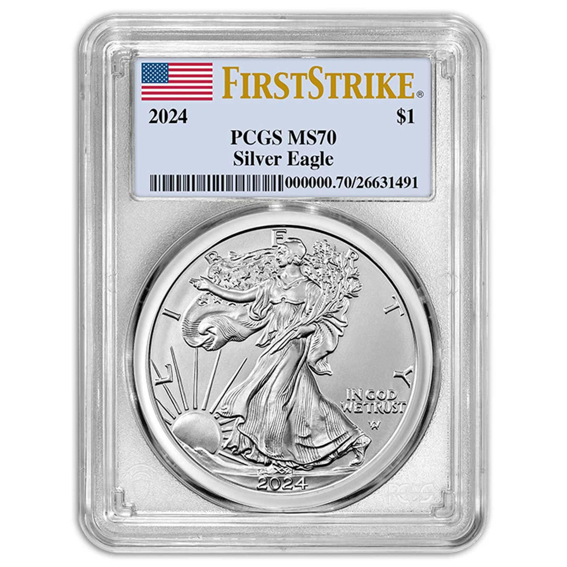 Buy 2024 $1 American Silver Eagle PCGS MS70 FS Flag Label online at BullionSharks.com!