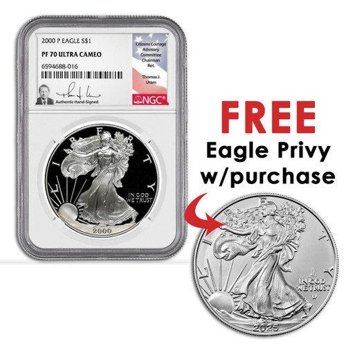 2000 P Silver Eagle NGC PF70 UCAM Thomas Uram Signed